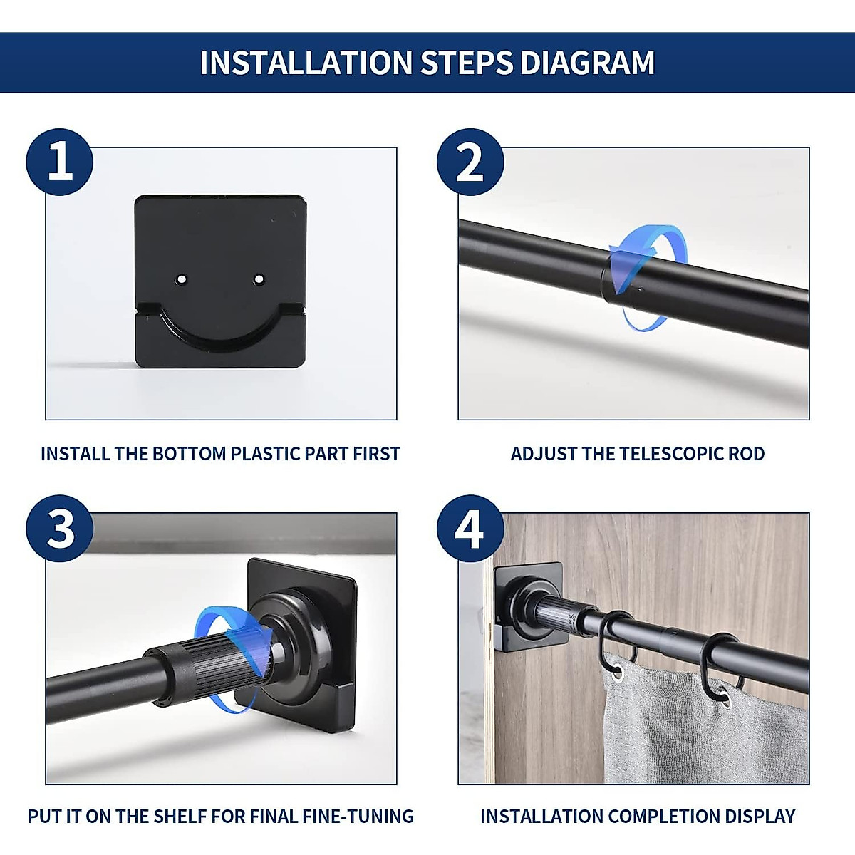 1 Inch Shower Curtain Rod 46-76 Inches, Double Adjustable Black Shower Curtain Rods Stainless Steel, Spring Tension Curtain Rod with Holder, Anti-Slip Waterproof for Bathroom window