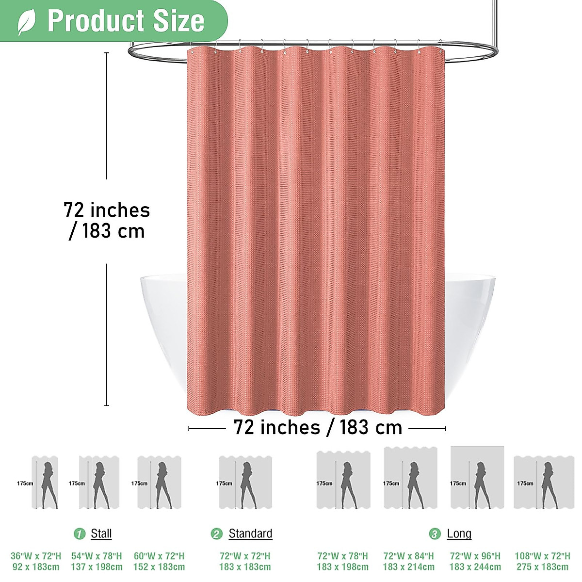 Dynamene Coral Fabric Shower Curtain - Waffle Weave Textured Heavy Duty Cloth Shower Curtains for Bathroom, 256GSM Hotel Luxury Weighted Bath Curtain Set with 12 Hooks,72x72, Coral
