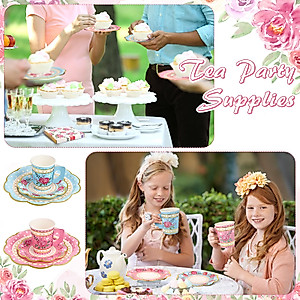 200 Pcs Disposable Tea Party Cups and Saucers Set, 50 Guests Floral Tea Party Supplies Include 9 oz Paper Tea Cups with Handle, 9 Inch Paper Plates, Saucers Napkins for Tea Party Birthday Wedding