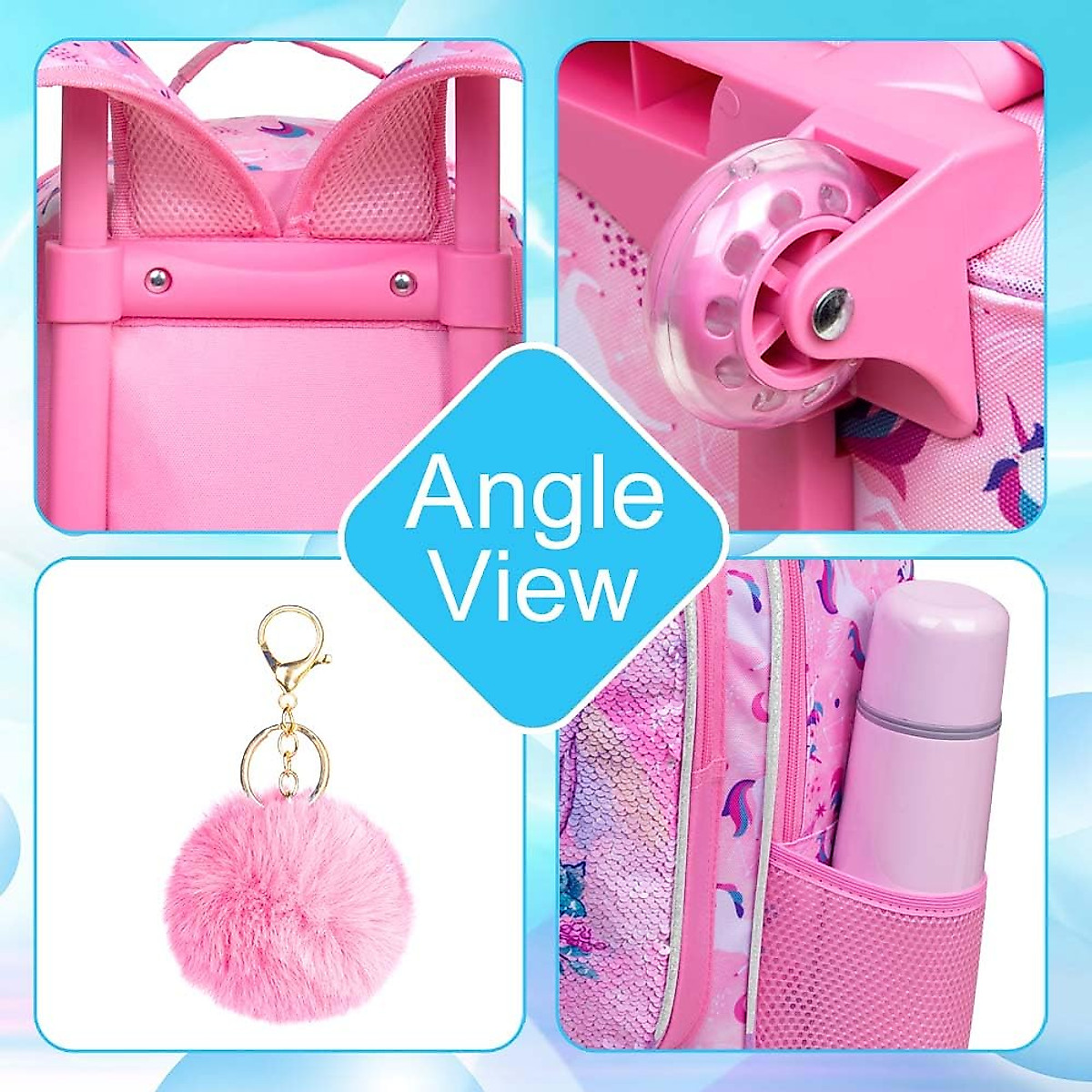 KLFVB Rolling Backpack for Girls, Kids Roller Wheels School Bookbag with Lunch Bag, Wheeled School Bag for Children - Unicorn