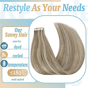 Ve Sunny Blonde Hair Tape in Extensions Human Hair Highlight Tape in Natural Hair Extensions Dark Blonde Highlight Platinum Blonde Tape on Real Human Hair Extensions Blonde 20pcs 50g 14inch