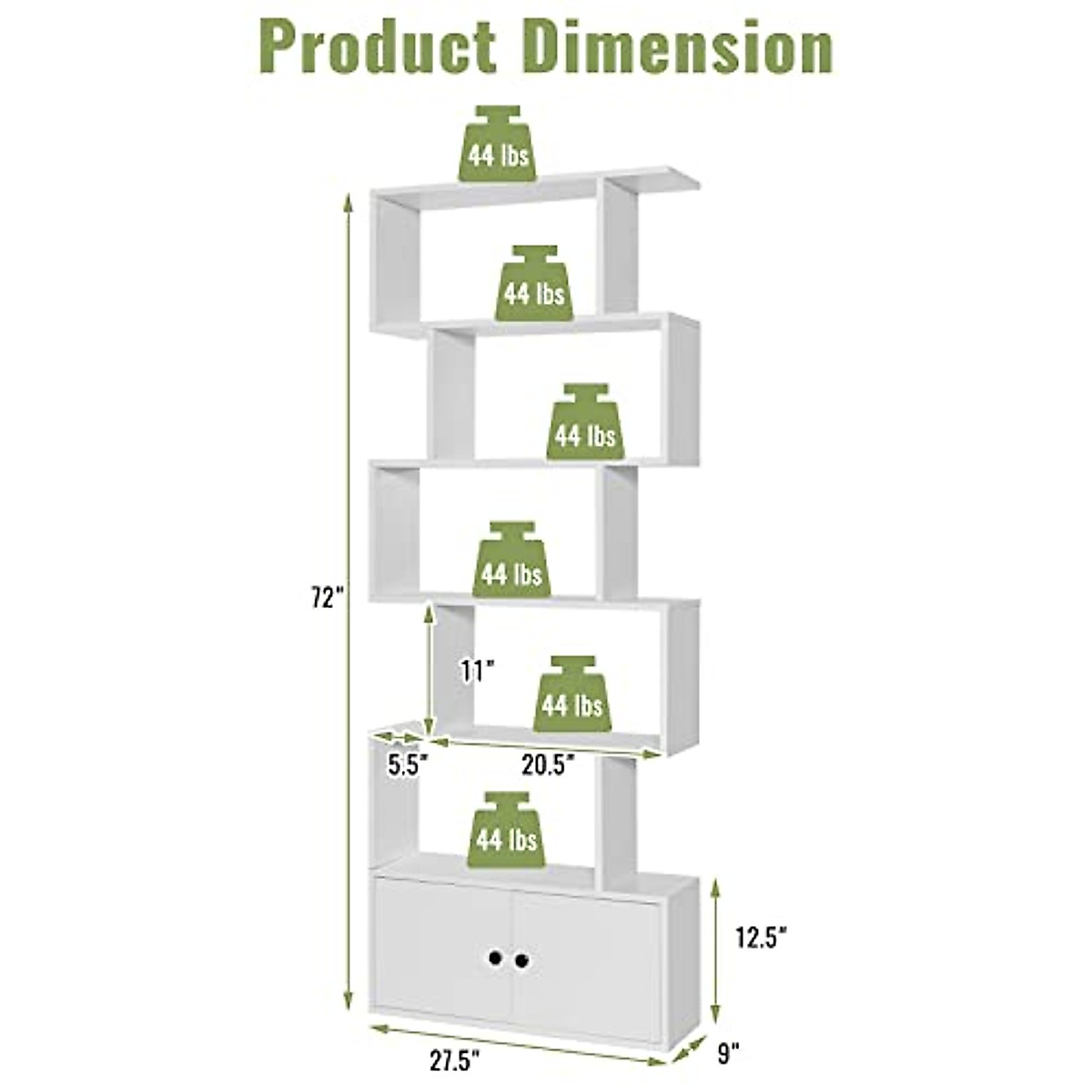LOKO 6-Tier Geometric Bookcase with Doors, Freestanding Storage Display Shelf with Anti-toppling Devices, S-Shaped Z-Shelf Bookshelf with Cabinet for Living Room, Bedroom, Study (2, White)