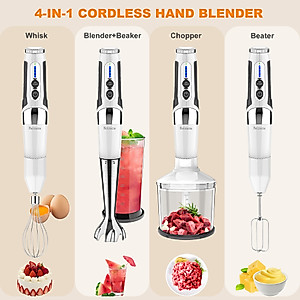 Cordless Hand Blender: 4-in-1 USB Rechargeable Immersion Blender, 21 Variable Speeds & 3-Angle Adjustable with 700ml Chopper, 700ml Beaker, Egg Whisk and Beater for Smoothies, Soup, Baby Food (White)