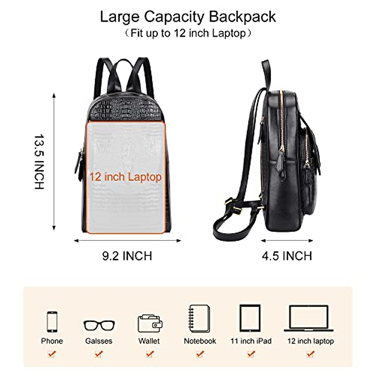 PIJUSHI Womens Genuine Leather Backpack Purse for Women Crocodile Leather Backpack (66512 Black Croco)