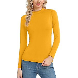Women Long Sleeve Thermal Top Lightweight Mock Neck Shirts Slim Fit Layer Top Mustard Large