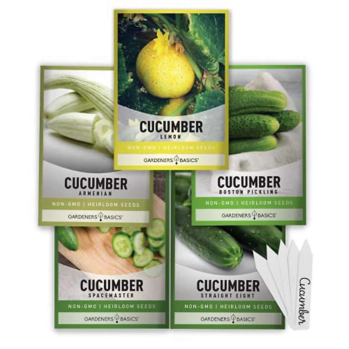 Cucumber Seeds for Planting Outdoors 5 Variety Pack Armenian, Boston Pickling, Lemon, Spacemaster, Straight Eight Veggie Seeds by Gardeners Basics