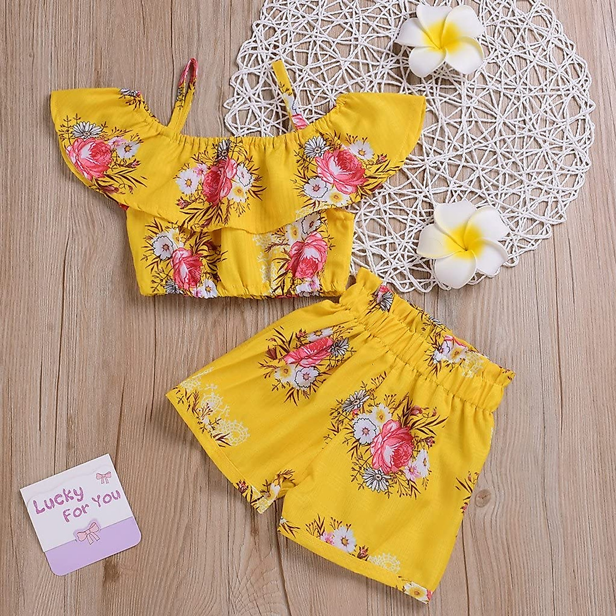 BOEBNOZCV Toddler Baby Girl Floral Halter Ruffled Outfits Set Yellow Strap Crop Tops+ Shorts Pants Summer Clothes Set
