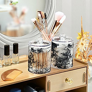 ALAZA 2 Pack Qtip Holder Dispenser Cool Black Marble Bathroom Organizer Canisters for Cotton Balls/Swabs/Pads/Floss,Plastic Apothecary Jars for Vanity