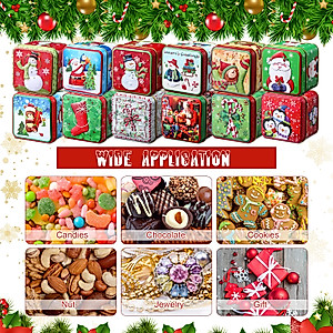 Lallisa 24 Pcs Christmas Cookie Tins with Lids 12 Styles Square Xmas Candy Tin Set Small Metal Candy Box Mini Tinplate Cookie Candy Boxes for Gift Giving Holiday Party Favors, 2.95 x 2.95 x 2.56 Inch