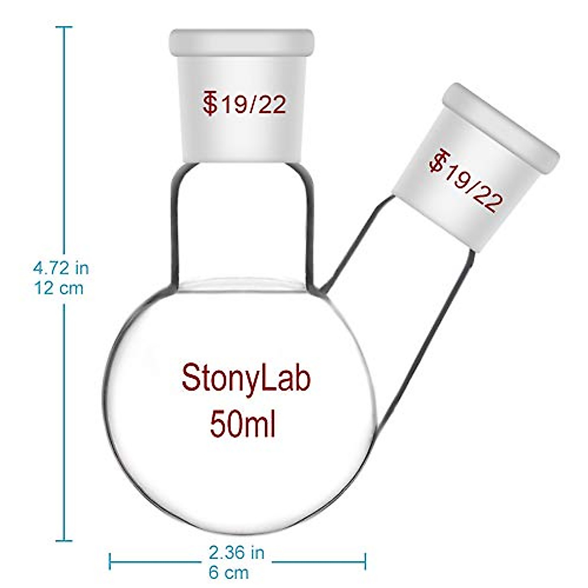 StonyLab Glass 50ml Heavy Wall 2 Neck Round Bottom Flask RBF, with 19/22 Center and Side Standard Taper Outer Joint - 50mL
