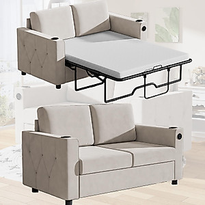 PUREMIND Queen Pull Out Sofa Bed, Velvet 2-in-1 Sleeper Sofa Bed with USB & Cup Holders, 67" Sleeper Loveseat Couch Bed with Folding Mattress, Pull Out Bed for Living Room, Small Spaces, Beige