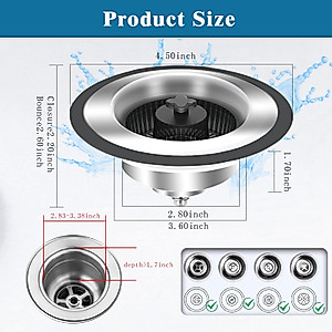 Kitchen Sink Drain Strainer, Upgraded 3 in 1 Kitchen Sink Bounce Core & Stopper Kit, 304 Stainless Steel Pop Up Kitchen Sink Stopper, Sink Stopper 3-1/2 Inch