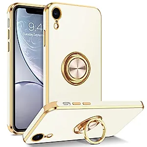 BENTOBEN for iPhone XR Case, Phone Case iPhone XR, Slim Fit Kickstand Ring Holder Design Shockproof Protection Soft TPU Bumper Drop Protective Girls Women Boys iPhone XR 6.1" Cover, White/Gold