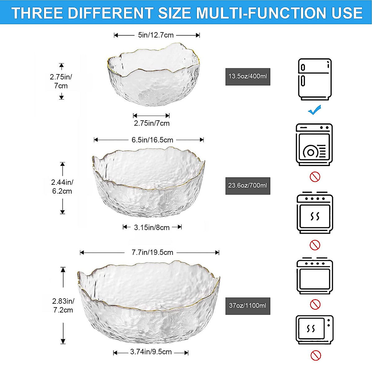 YOXSUNY Glass Bowl Serving Bowl Set with Golden Rim in Organic Shape. Salad Bowl Set of 3 Sizes (400ml) (600ml) (1100ml) For Salad Snacks Popcorn Candies Etc.