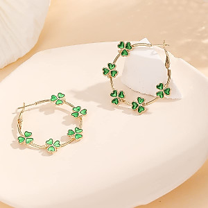 Pingyongchang St.Patrick's Day Green Shamrock Hoop Earrings Irish Clover Circle Earrings Lucky Leaf Earrings for Women Irish Holiday Jewelry Gifts-Gold