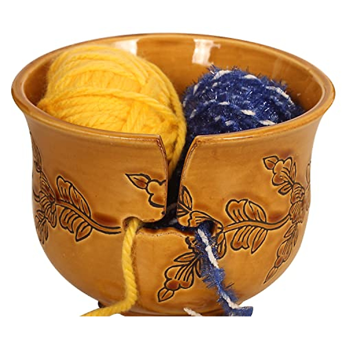 ABHANDICRAFTS Knitting Yarn Ball Storage Bowl Yellow Color Ceramic Yarn Bowl for Knitting and Crocheting with Hand Carved Floral Design