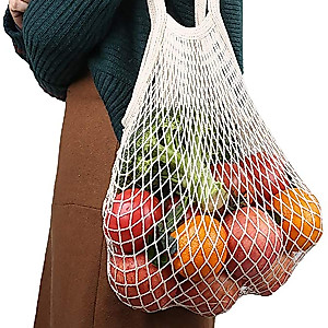 ECYC 1 Pcs Cotton Mesh Grocery Bag, Reusable Long Handle Mesh Bags Cotton String Bags Mesh Shopping Bag Net Tote Bag for Fruit Vegetable,L,Orange