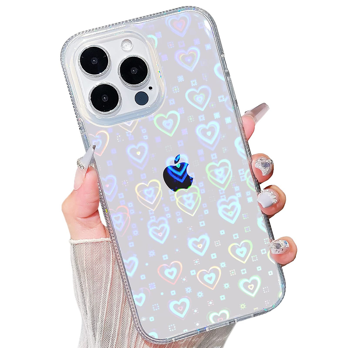 SmoBea Compatible with iPhone 14 Pro Max Case (No Fit iPhone 14 Plus), Holographic Laser Bling Heart Soft & Flexible TPU and Hard PC Shockproof Cover Women Girls Phone Case (Heart/Clear)