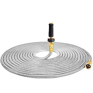 TOUCH-RICH 304 Stainless Steel Garden Hose, Lightweight Metal Hose with Free Nozzle, Guaranteed Flexible and Kink Free (50FT, Stainless)