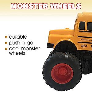 ArtCreativity Yellow School Bus Toy with Black Monster Truck Tires, Push n Go Toy Car for Kids, Durable Plastic Material, Best Birthday Gift for Boys, Girls, Toddlers