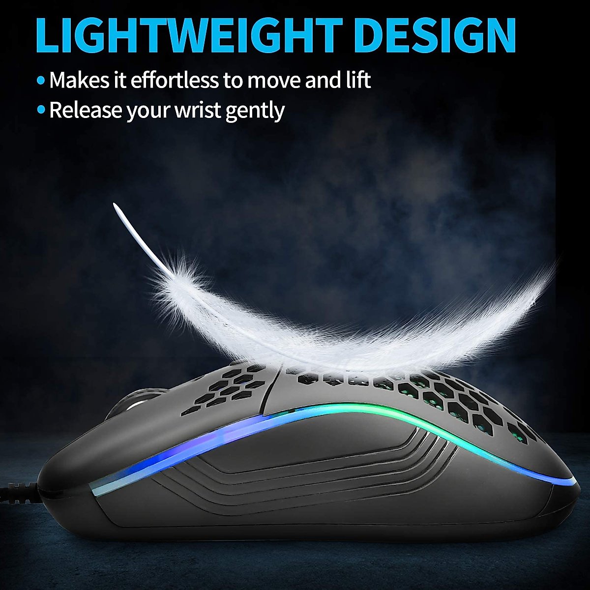 Honeycomb Wired Gaming Mouse, RGB Backlight and 7200 Adjustable DPI, Ergonomic and Lightweight USB Computer Mouse with High Precision Sensor for Windows PC & Laptop Gamers (Black)