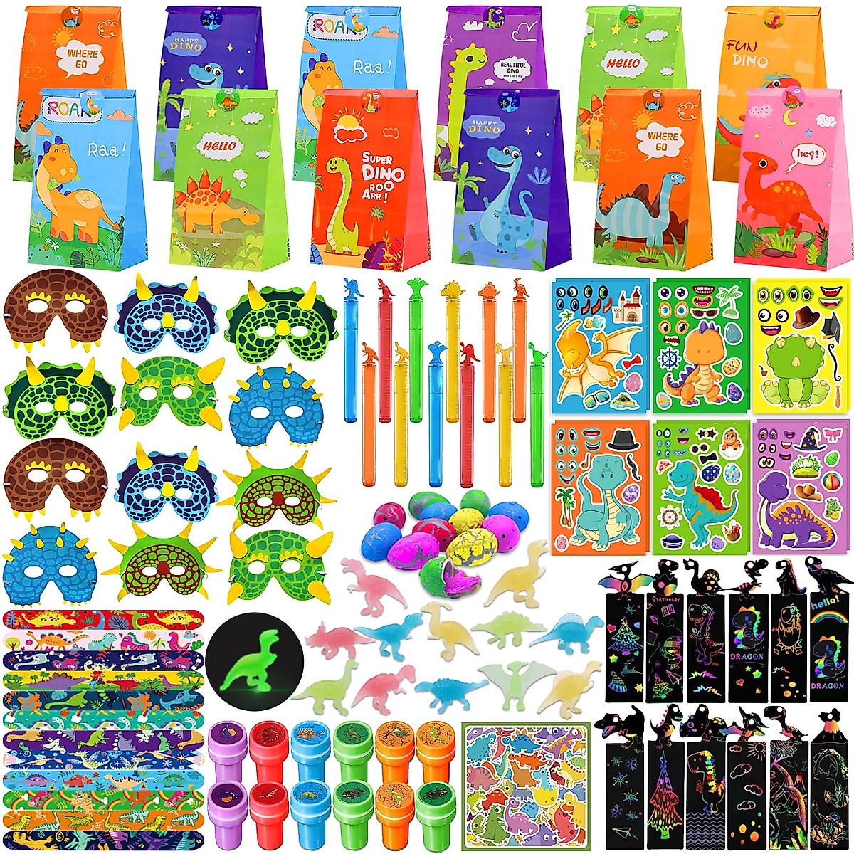 168Pcs Dinosaur Birthday Party Favors, Dino Party Favors Include Masks Bubble Stamps Hatching Eggs Bags Craft Bookmarks DIY Stickers Slap Bracelets for Dinosaur Birthday Party Decorations Supplies