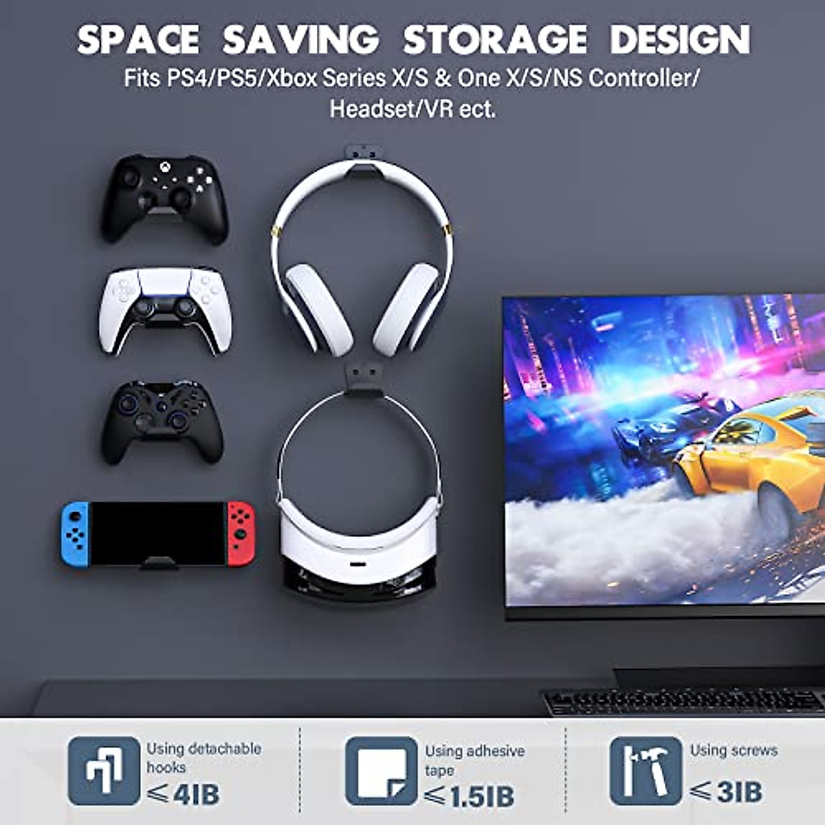 Controller Wall Mount for PS5/PS4/Xbox/Switch Controller, Adhesive PS5 Headset Holder Controller Stand for PS5 Console, 6 Pack Headphone Hanger Wall Mount Hook,PS5 Accessories Controller Headset Stand