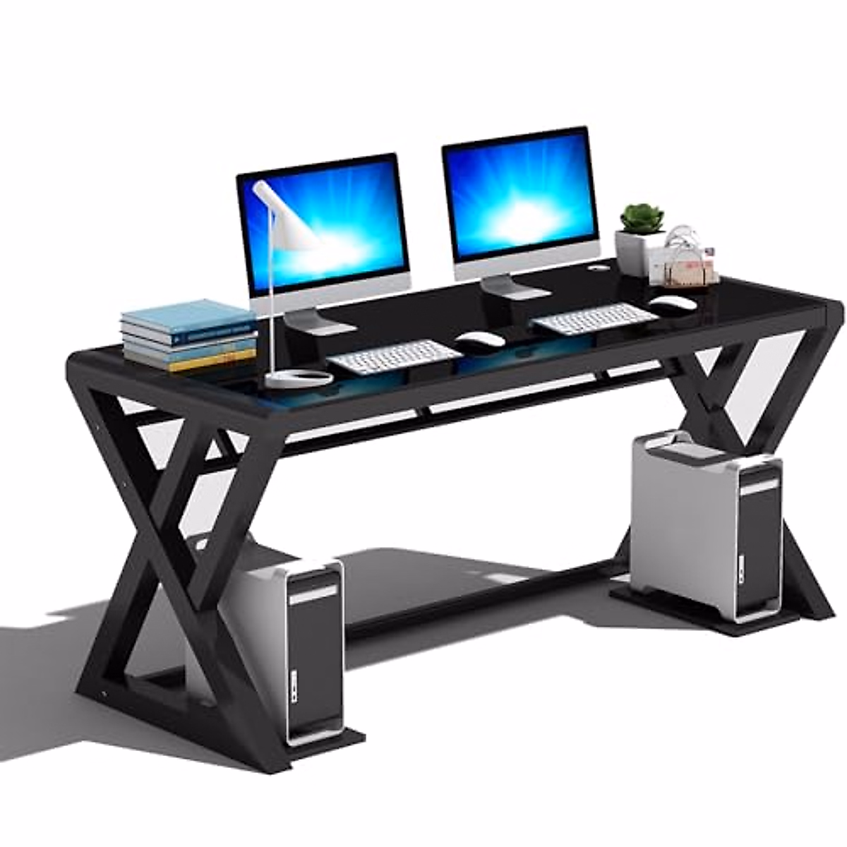 SAMERY Computer Desk Home Office Desks, 55.1 Inch Modern Simple Office Black Glass Desk Computer Table Study Gaming Writing Desk, Fashion Strength Tempered Glass Office Laptop Desk