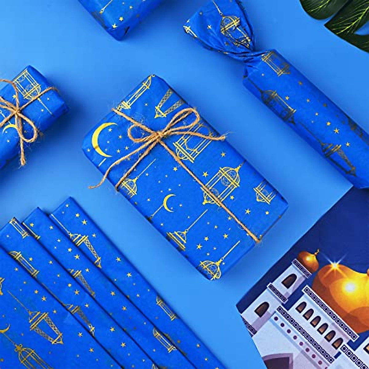 Bolsome 100 Sheets 20 * 14 Inches Eid Mubarak Tissue Wrapping Paper Blue and Gold Tissue Paper for Gift Bags for Ramadan Eid Al-fitr Gift Wrapping and DIY Crafts
