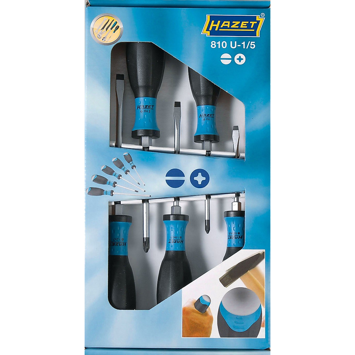 HAZET screwdriver set 810U-1/5 I 5-piece, 3 x slotted screwdrivers, 2 x Phillips screwdrivers I with ergonomic 3-component handle for maximum power transmission