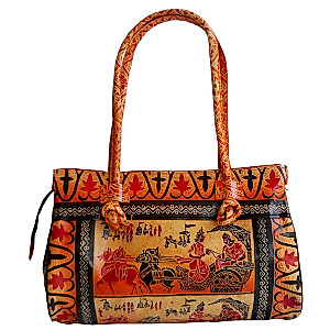 Crafts of India Krishna giving Gita Updesa to Arjuna Design Ethnic Hand Embossed Shantiniketan Leather Indian Shoulder Bag