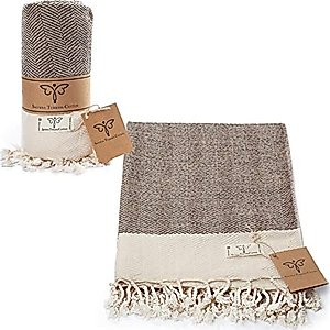 Smyrna Original Turkish Throw Blanket Herringbone Series | 100% Cotton, 50 x 60 Inches | Vintage Boho Throw Blankets for Couch, Sofa, Farmhouse and Home Decor | Lightweight and Super Soft (Latte)