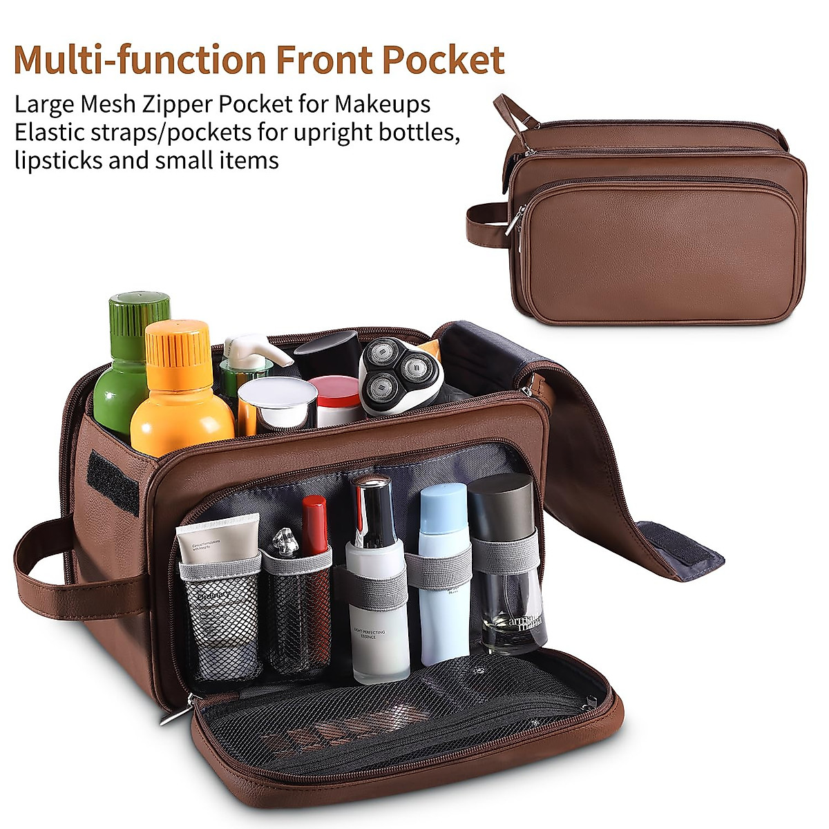 Buruis Extra Large Toiletry Bag for Men, Travel Toiletry Organizer Dopp Kit Water-resistant Shaving Bags, PU Leather Cosmetic Bathroom Shower Bag for Toiletries, Grooming, Accessories (Brown)