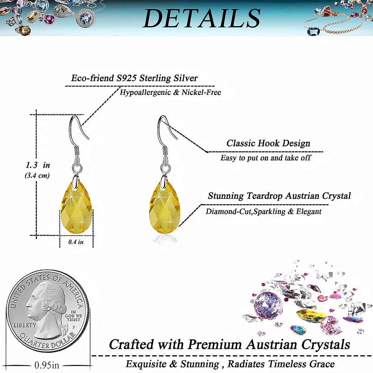 Teardrop Austrian Crystal Drop Dangle Earrings for Women 925 Sterling Silver Hook Hypoallergenic Earring (Yellow)