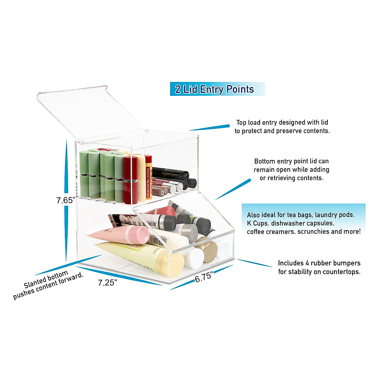 Inevibe Hair Tie Holder & Bows Organizer - 2 Compartment Acrylic Container w/Lids for Storing Bracelets, Headbands, Claw Clips & Accessories for Bathroom & Countertop Display