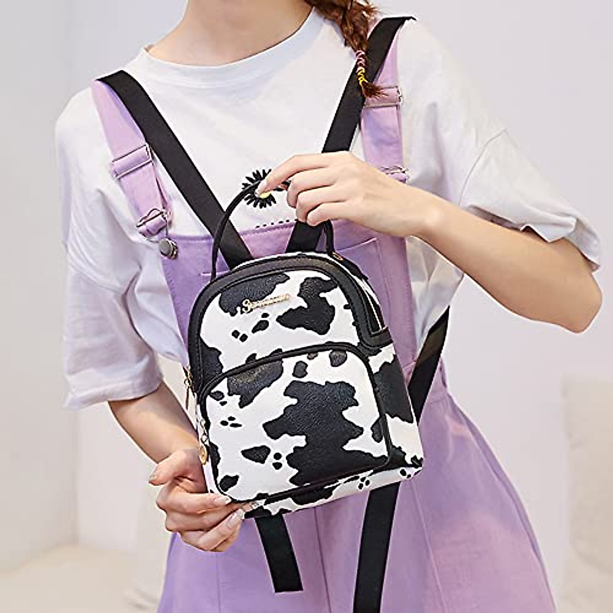 ASUYOERU Vintage Women PU Animal Pattern Print Backpack Preppy Style Mini Handbags, Cow Pattern, large 41*30*12cm
