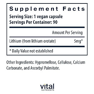 Vital Nutrients Lithium Orotate | Vegan Lithium Supplements for Memory, State of Mind, and Behavioral Health*| 5mg | Gluten, Dairy, Soy Free | 90 Capsules