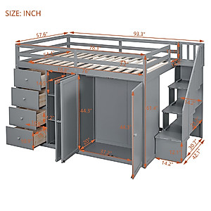 Harper & Bright Designs Full Size Loft Bed with Stairs, Wood Loft Bed with 2 Wardrobes, Full Loft Bed with Storage Drawers and Cabinet, High Loft Bed Frame for Kids Teens Adults, Grey