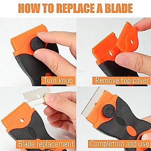 WILLBOND 72 Pcs Double Razor Blade Scraper Tool Set 12 Pcs 2 in 1 Razor Scraper Remover 60 Pcs Metal and Plastic Blades for Decal, Sticker, Label, Caulk Adhesive, Paint Stovetop, Subfloor (Orange)