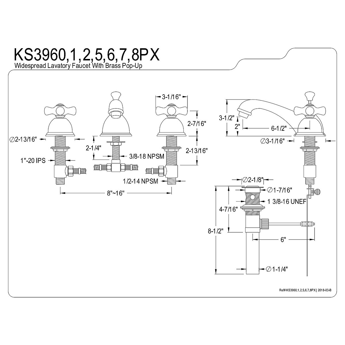 Elements of Design ES3968PX Chicago 2-Handle 8" to 16" Widespread Lavatory Faucet with Brass Pop-Up, 6-1/2", Brushed Nickel