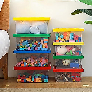 LUCKY-GO Toy Storage Organizer Bins with Lid - Stackable Plastic Organizer Box Set of 2, Kids Toy Chests with Compatible Building Baseplate and Lid, Storage Container for Building Bricks & Toys