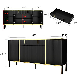 AIEGLE Modern 63" Long Buffet Sideboard Console Table, Kitchen Storage Cabinet with Drawer & 4 Doors, Buffet Server Bar Decorative Cupboard for Dining Living Room Entryway, Black & Golden