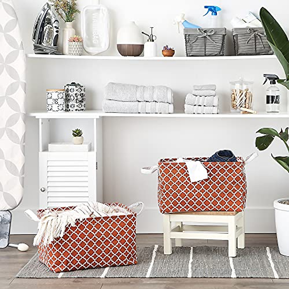 DII Laundry Storage Collection, PE Coated Collapsible Bin with Handles, Cinnamon Lattice, Extra-Large Set, 12.5x17.5x10.5"