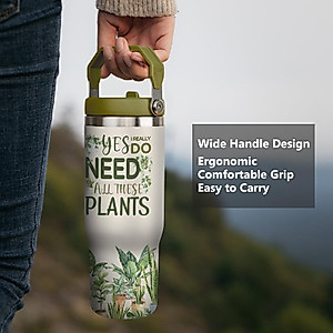 30oz Plant Tumbler with Handle and Straw, Green Plant Stainless Steel Vacuum Insulated Flip Straw Coffee Cups Spill Proof Travel Mug, Plant Gifts for Plant Lovers Gardeners, Gardening Gifts for Women