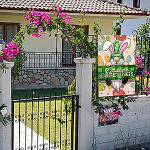 Happy Easter Light Up Garden Flag, Gnomes Solar Easter Greetings Ligthed Flag with Flagpole Spring Outside Yard Outdoor Home Decoration 12×18 Inch