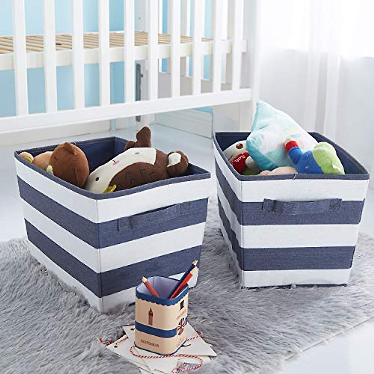 Urban Shop Tapered Rugby Stripe, Set of 2 Storage Cube with Handle, Navy