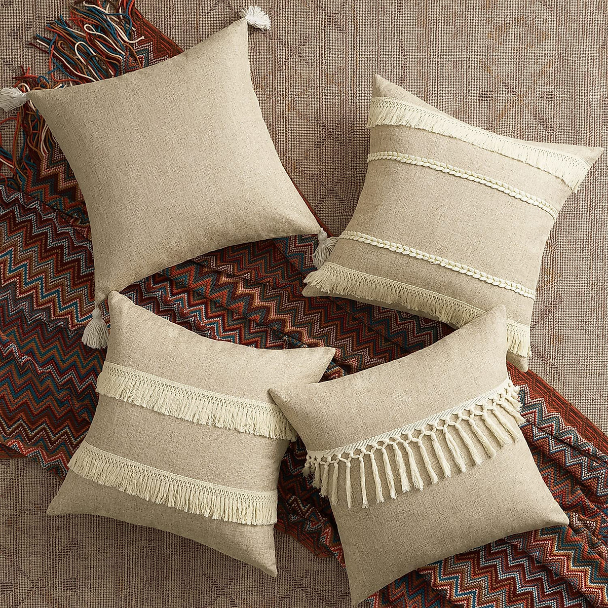 Topfinel Neutral Decorative Throw Pillow Covers 18 x 18 Set of 4,Beige Boho Pillows for Couch Sofa Bed Living Room,Rustic Burlap Linen Cushion Cover Bohemia Home Decor(Square 18 Inches/45 x 45 cm