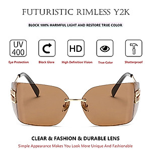 Bsreyeop Futuristic Rimless Y2K Sunglasses for Women Men Fashion Wrap Around Frame Trendy Shield Frameless Design (Brown C1)