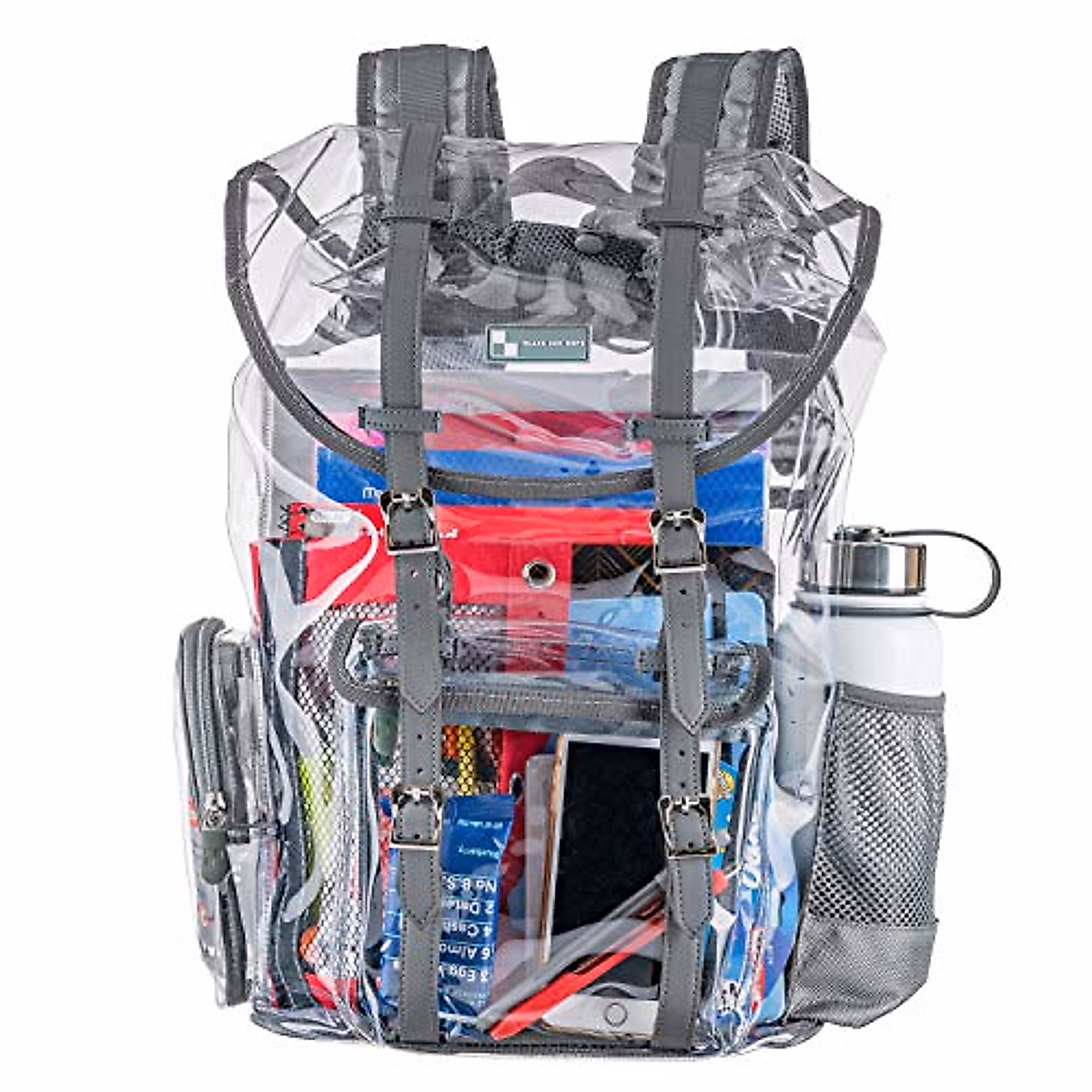 Heavy Duty Clear Backpack with Front Pocket, Clear Bookbag (Steel Gray) Medium