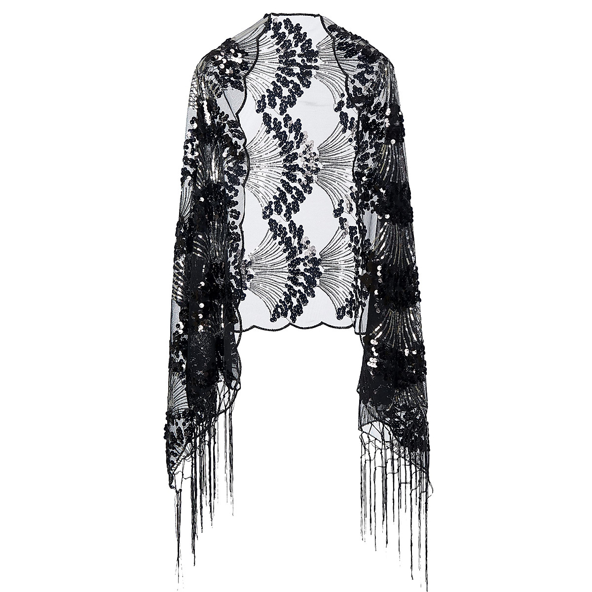 BABEYOND 1920s Sequin Shawl Fringed Evening Cape Wedding Bridal Shawl (Black)